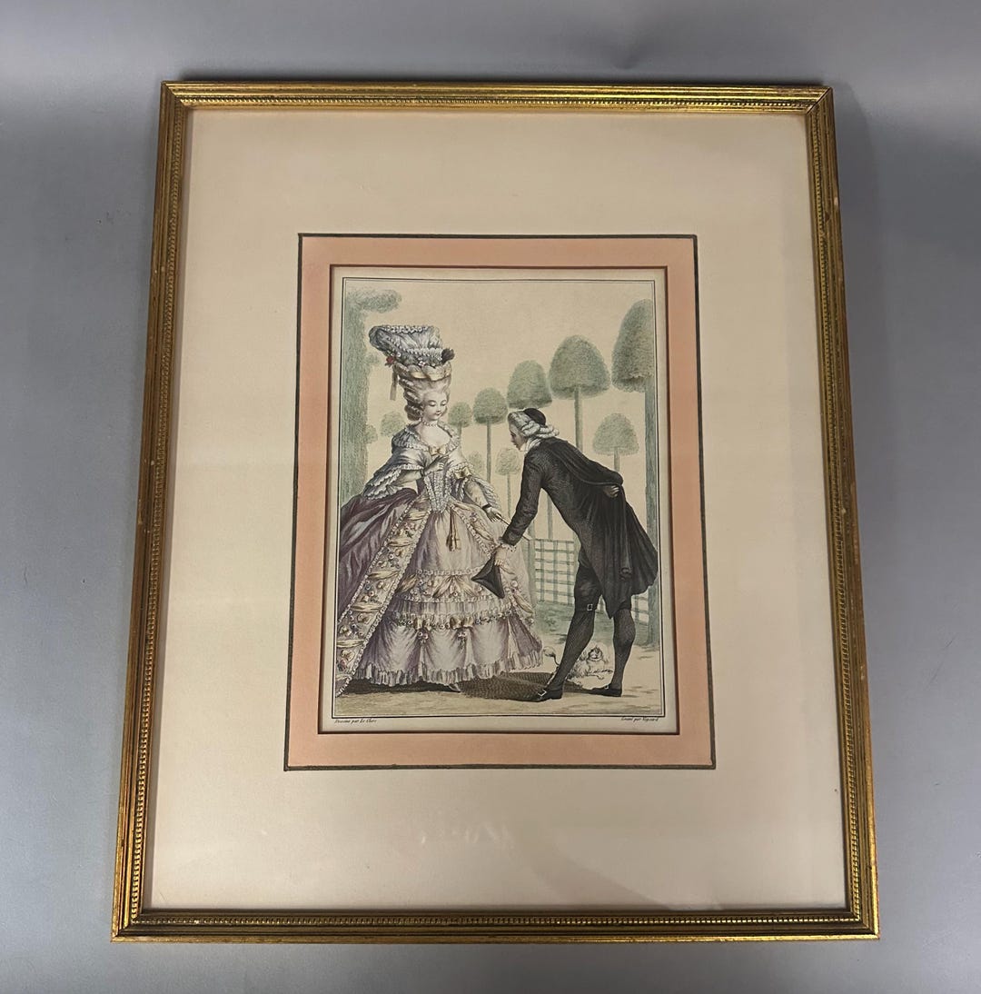 Antique French Lithograph Engraving Courting Scene Lady in A Lilac ...