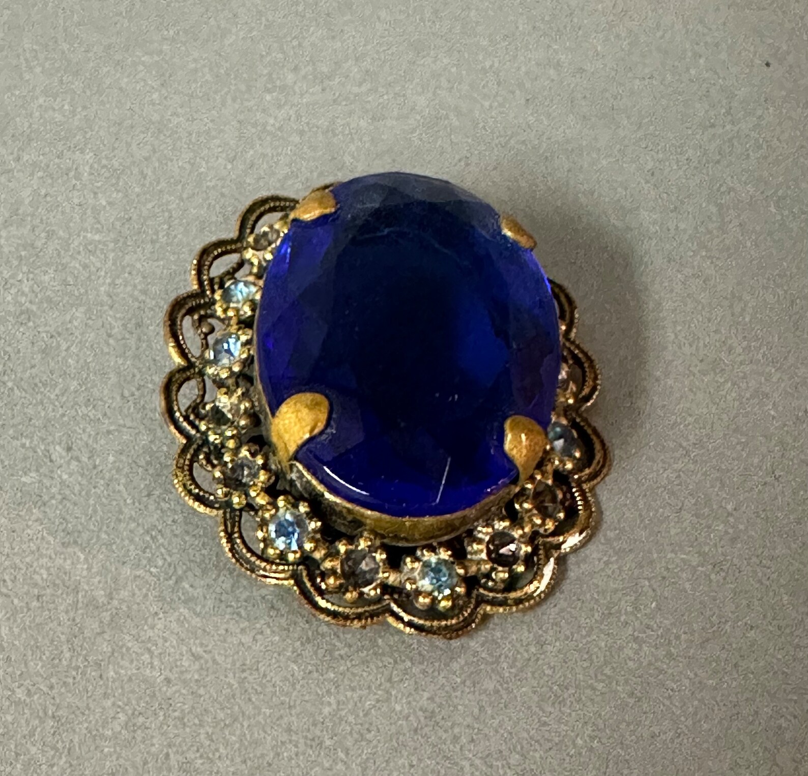 Antique Art Nouveau Blue Faceted Glass Rhinestone Gold Tone Filigree ...