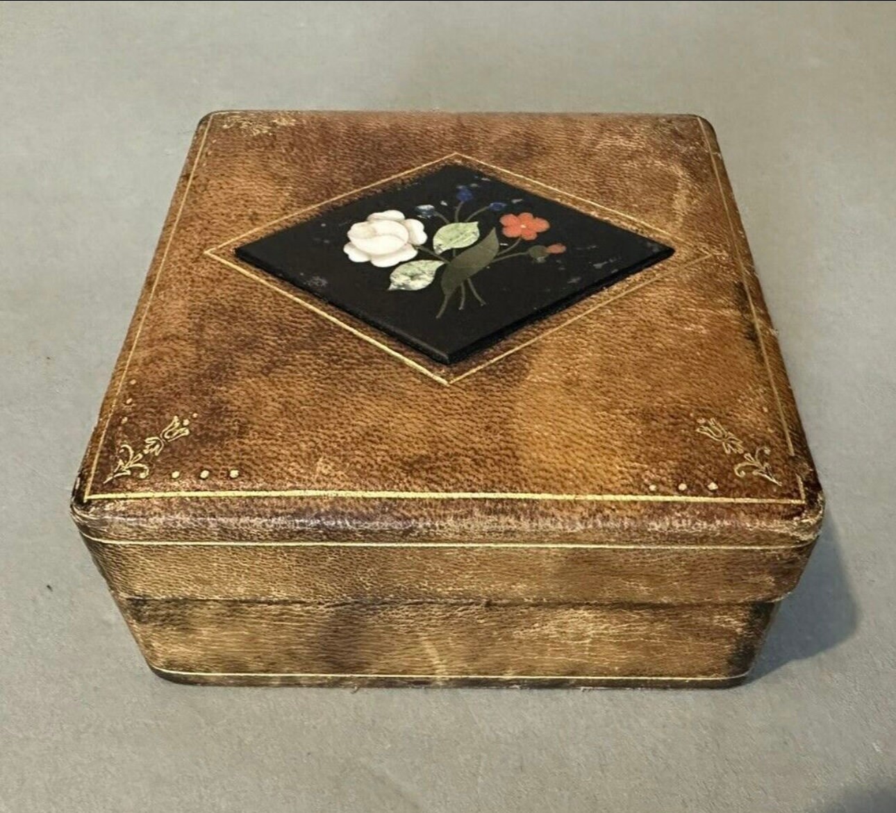 Antique Leather Jewelry Keepsake Box With Inlay Pietra Dura Top Circa ...