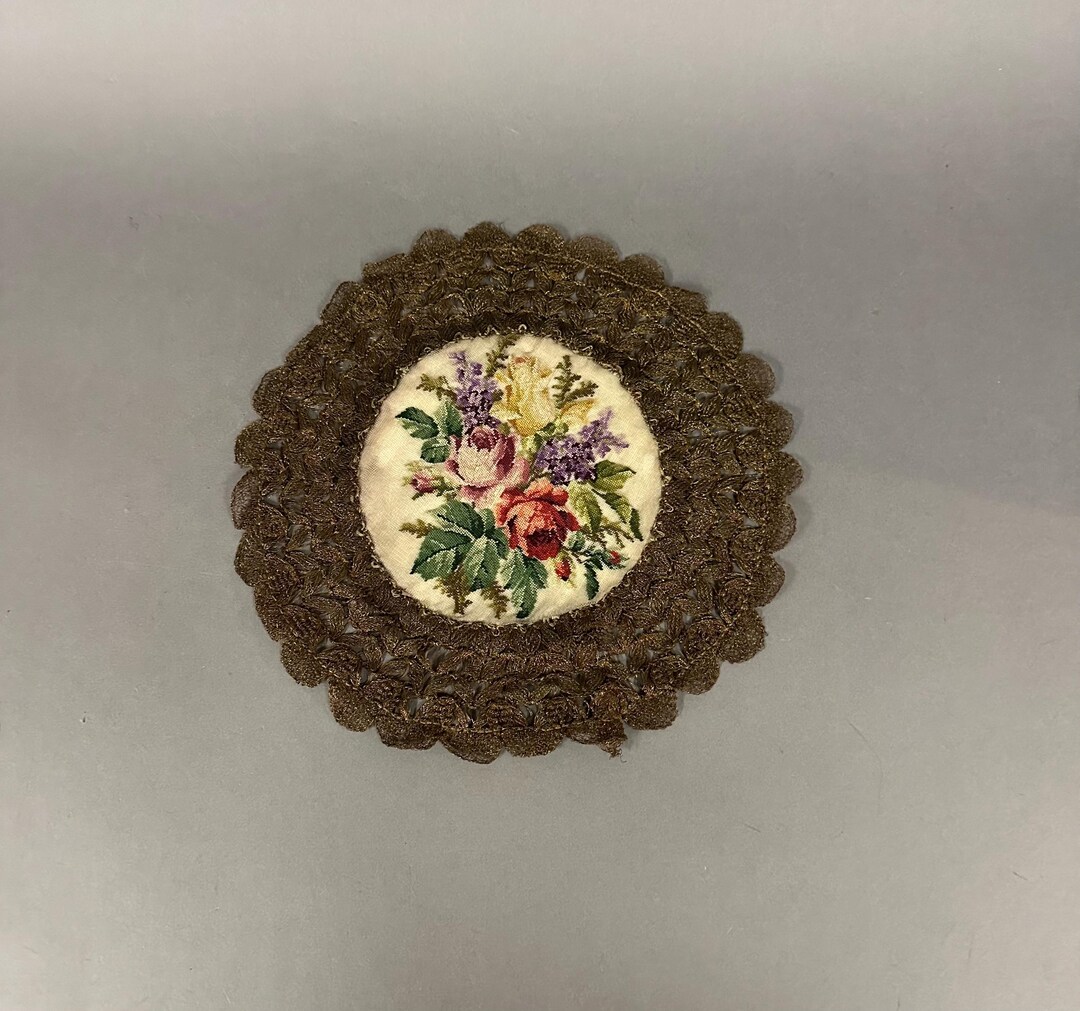 Antique Bronze Metallic Thread Doily With Petit Point Needlework of ...