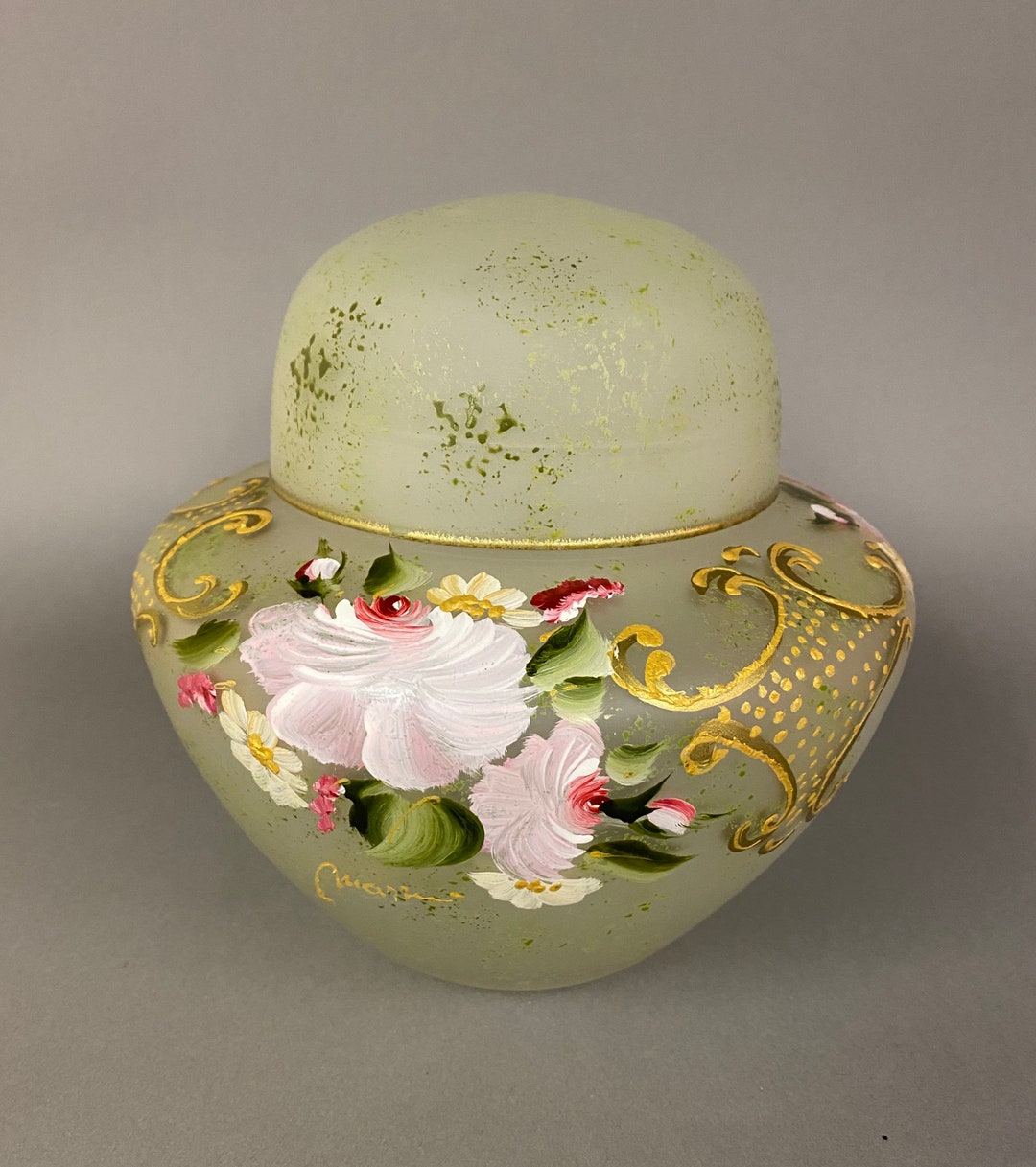 Vintage Frosted Satin Glass Hand Enamel Decorated Floral Covered Jar ...
