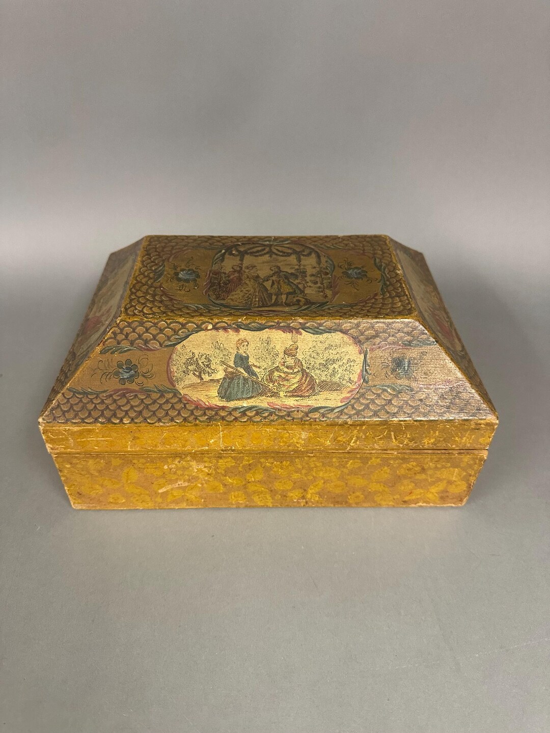 Antique French Hand Painted & Paper Decorated Document Box With Court ...