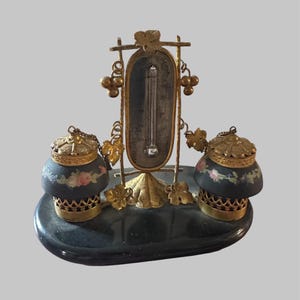 Antique French Hand Painted Porcelain Inkwell Thermometer Desk Set 19th ...