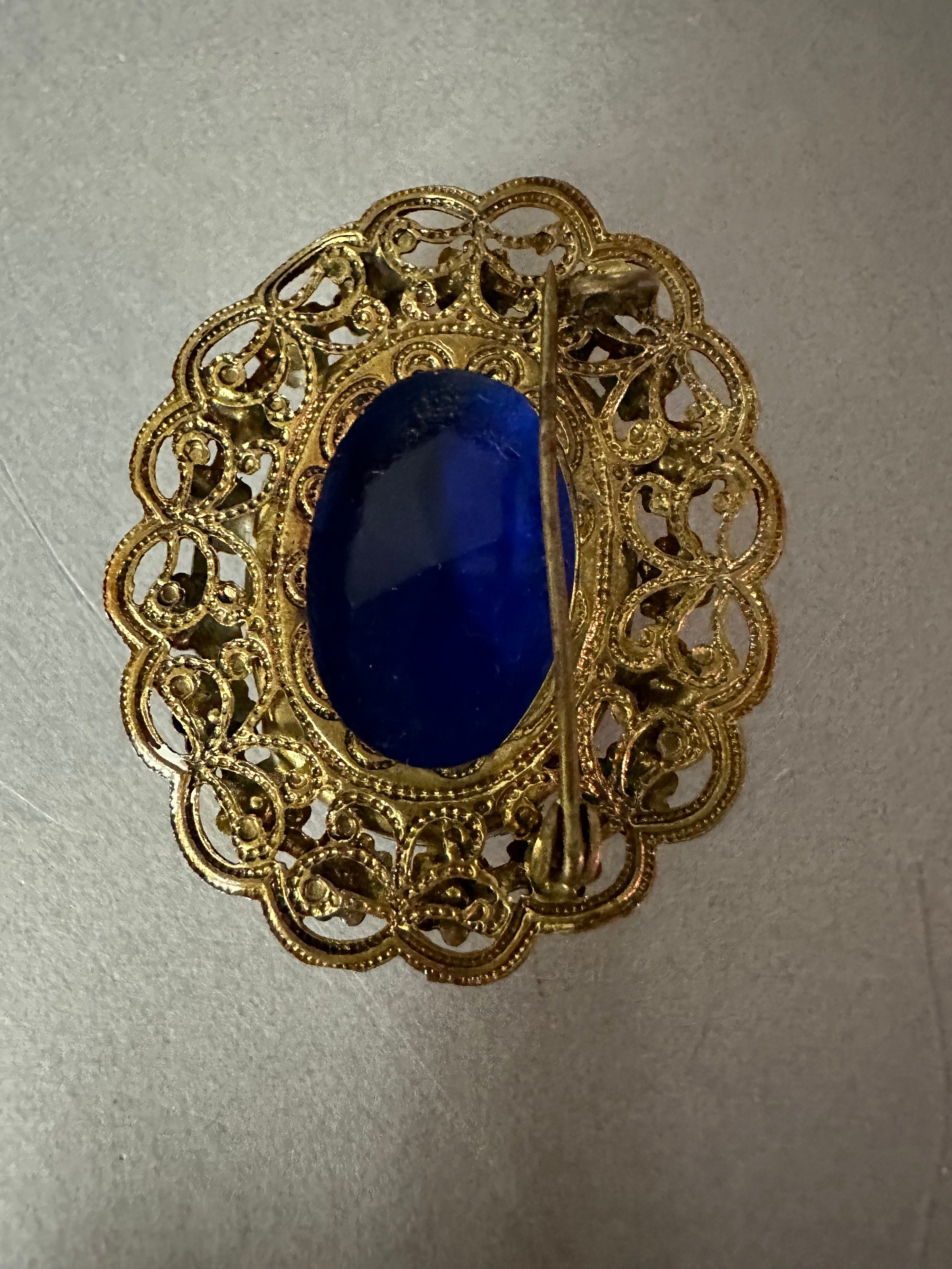 Antique Art Nouveau Blue Faceted Glass Rhinestone Gold Tone Filigree ...