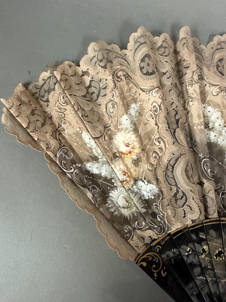 Antique Victorian French Hand Painted Floral Lace Folding Hand Fan 19th ...