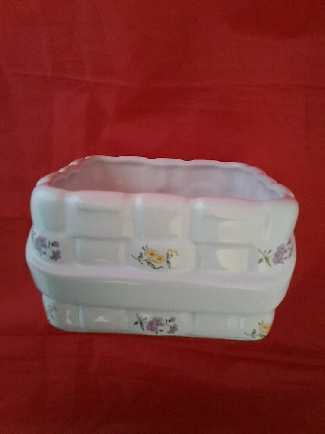 A White Ceramic Teleflora Planter Basket or Flowers, Embossed Weave and ...