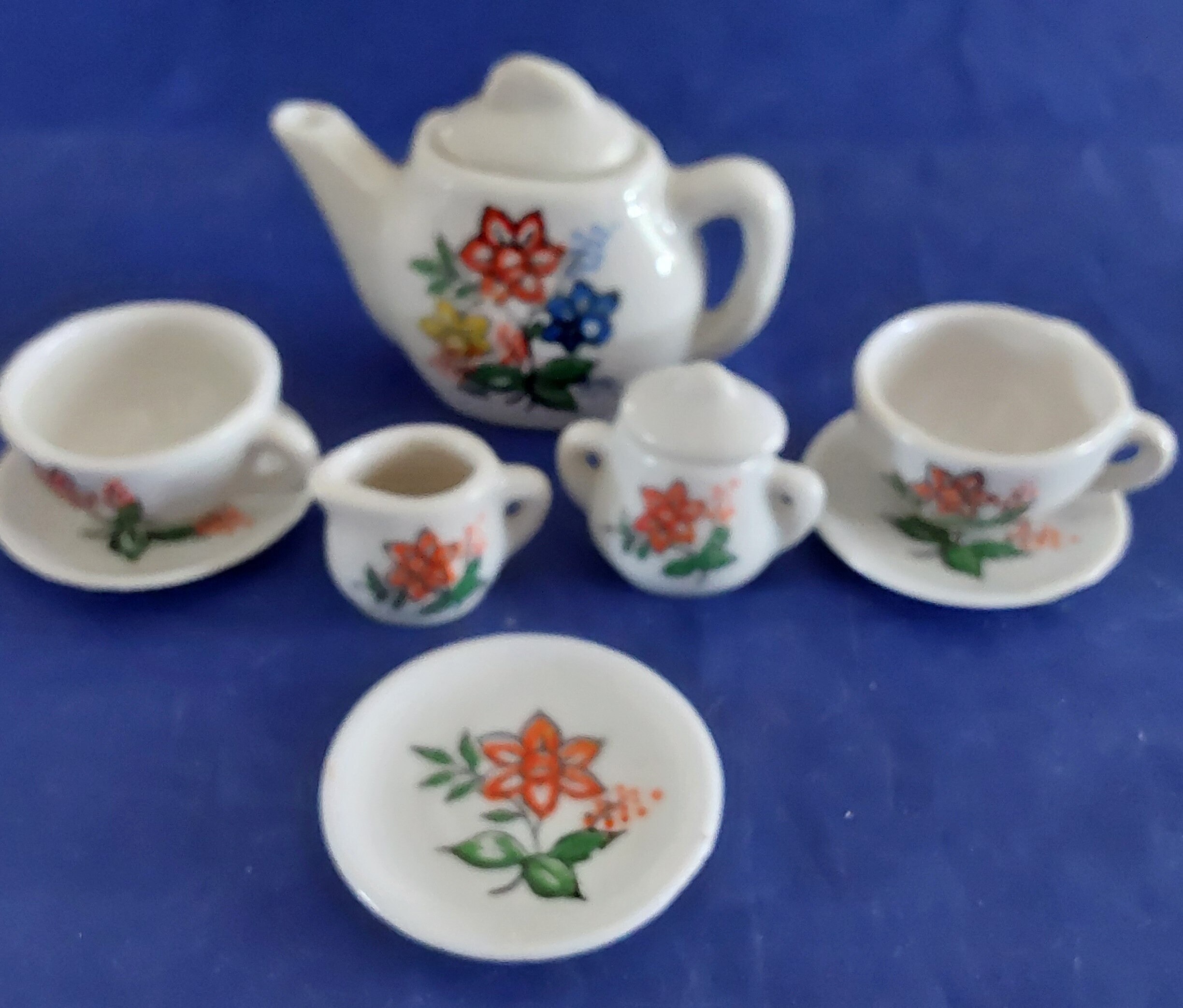 Miniature 10 Pc Tea Set of White Porcelain Decorated With Flowers ...