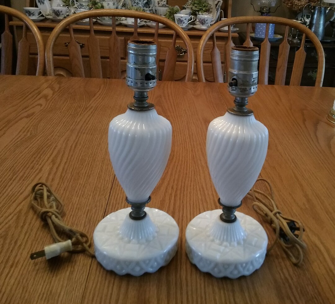 A Matching Set of Bedside White Milk Glass Lamps With Original Fraying ...
