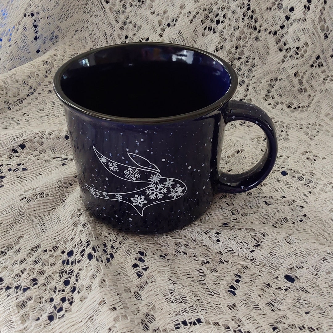 A Large 17 Oz Navy Blue Mug With White Speckleswith a Holiday Design ...