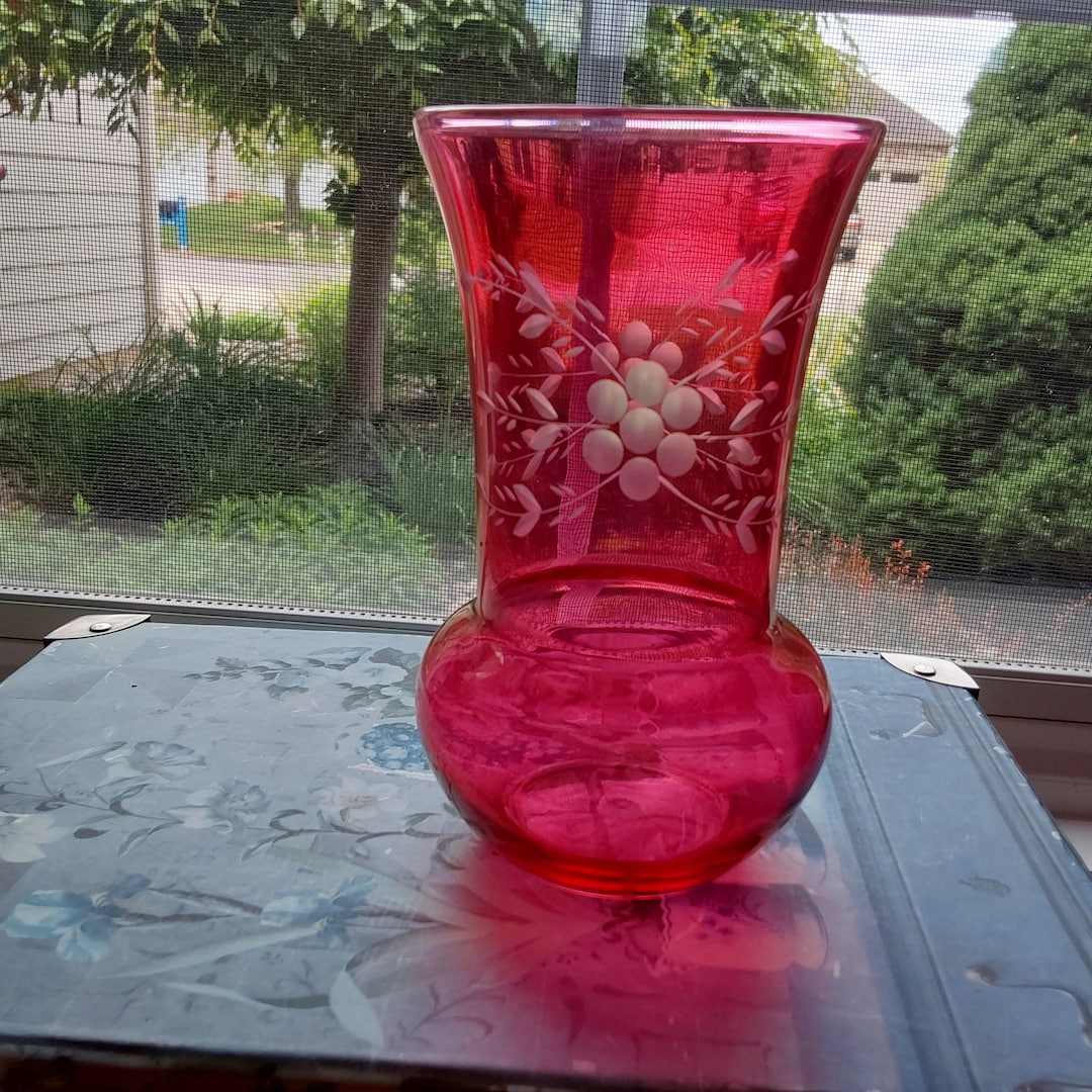 A Marked Federal Glass Cranberry Colored Glass 6.25" Tall Vase With ...