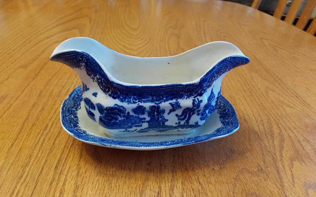 White, With Blue Backstamp British Anchor, in the Blue Willow Pattern ...