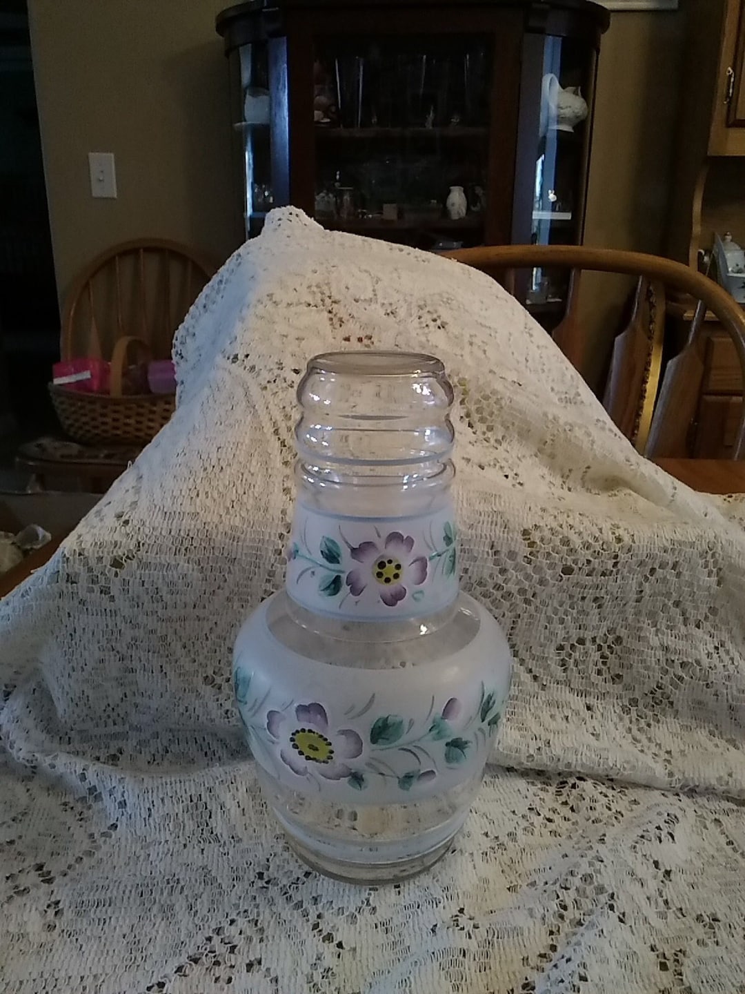 A Tumble up Hand Painted Clear Bedside Glass Carafe and Matching ...