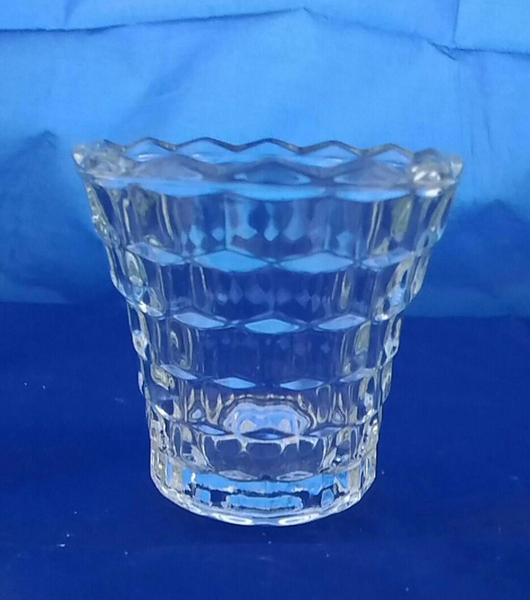 A Flared Glass 2.75 Inch Tall Clear Votive in a Cubist Pattern and a ...