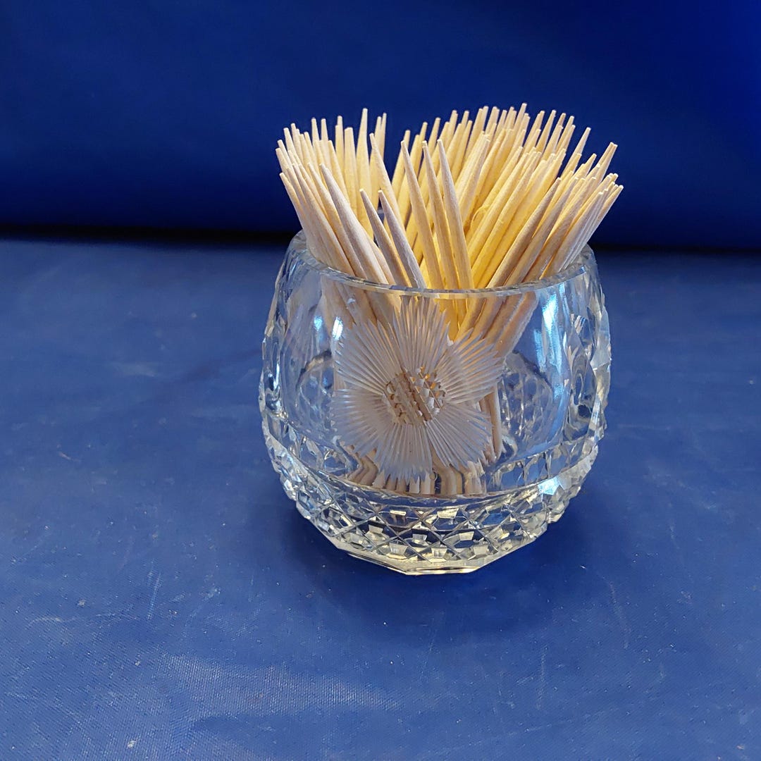 A Clear Crystal 2" Tall Toothpick Holder With a Etched Flower and Cut ...