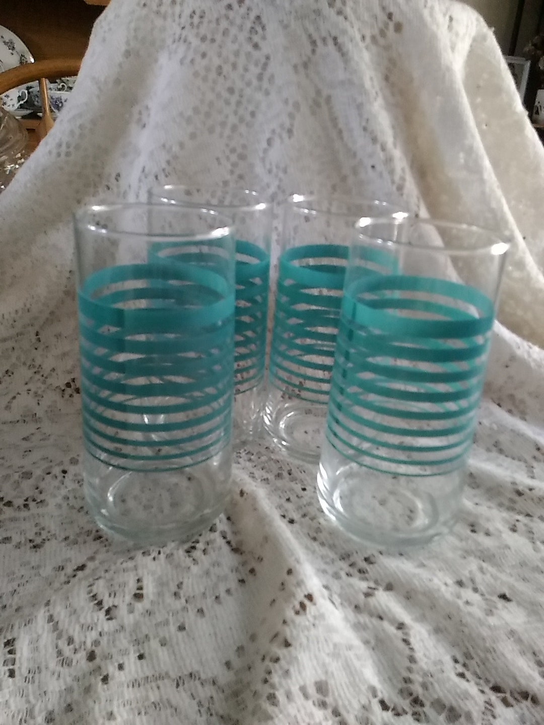 Matching Set of 4-14 Oz Flat Bottomed Glass Tumblers With Aqua Banded ...