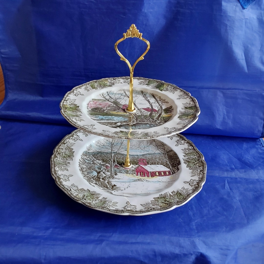 A Friendly Village 2 Tiered Tidbit Tray-10 School House and 8 Willow by ...
