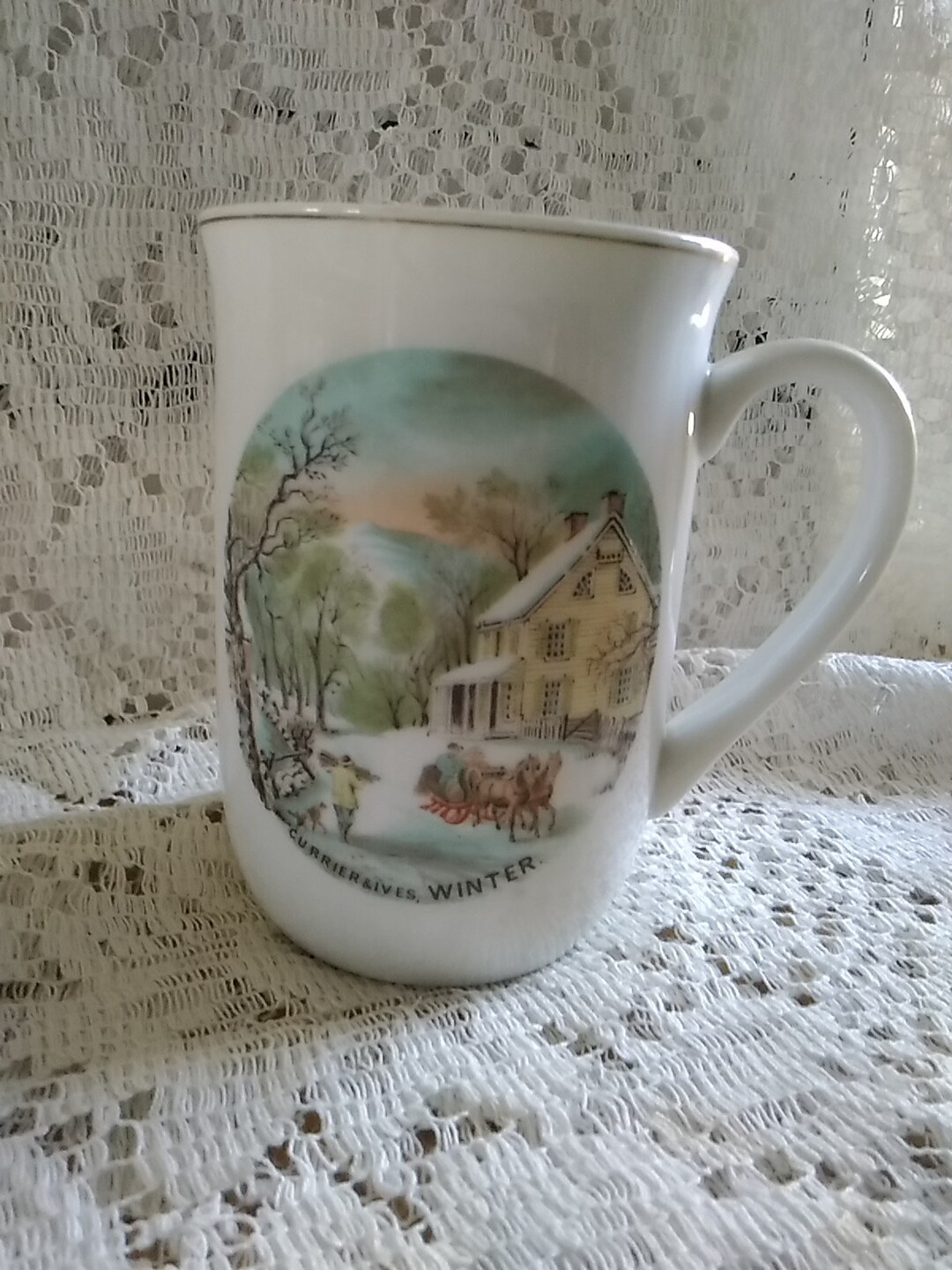 An 10 Oz White Porcelain Currier and Ives With a Rural Winter Scene Mug ...