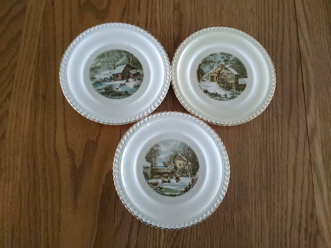 A Harkerware Set of 6 Currier and Ives 6.25" Dessert Plates With 3 ...