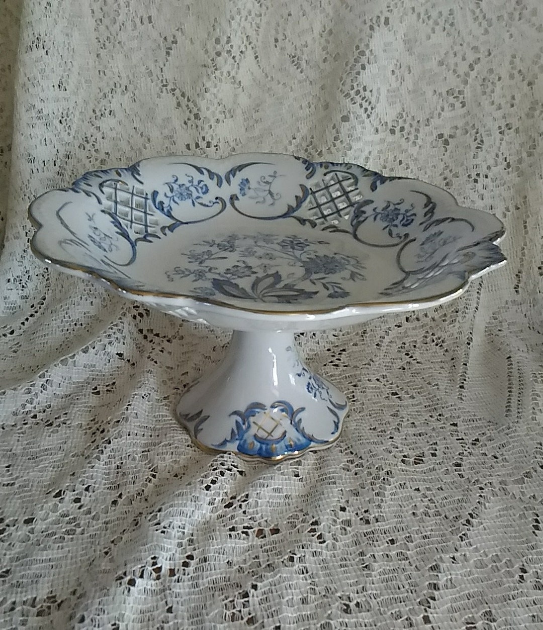 White Lefton China Pedestal Candy Compote in Blue and Gold With ...