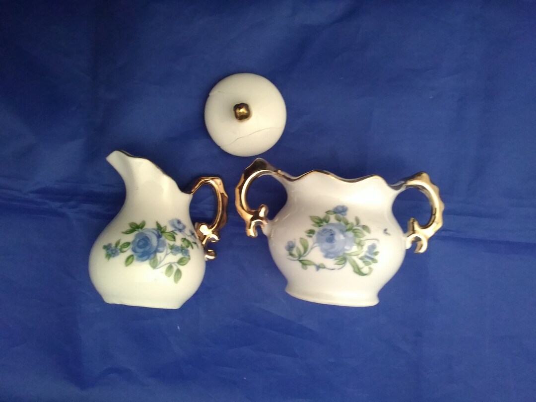 Miniature White With Blue Rose China Sugar and Creamer With - Etsy