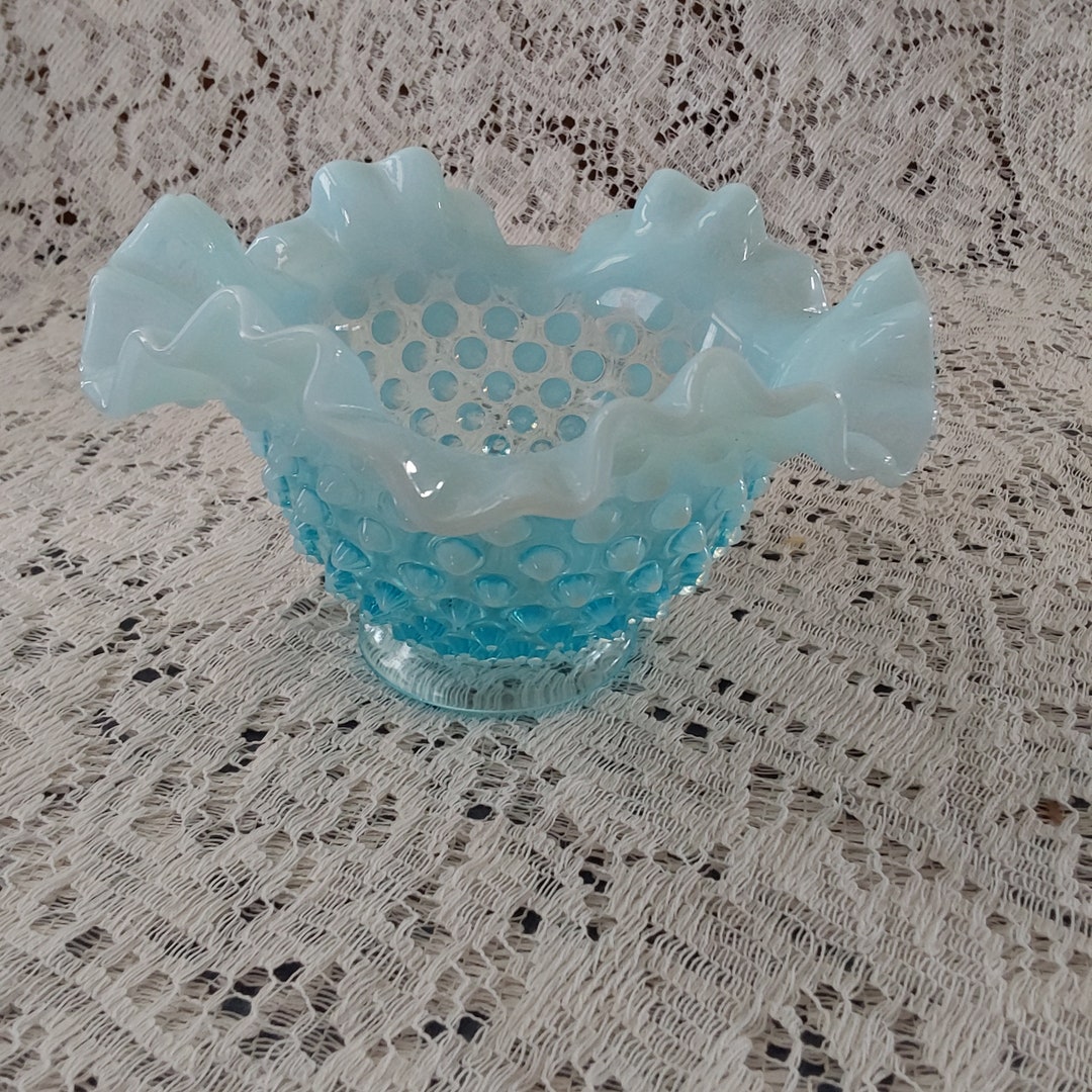 A Robin's Egg Blue Fenton Footed 6.25" Bowl in the Hobnail Patten With ...
