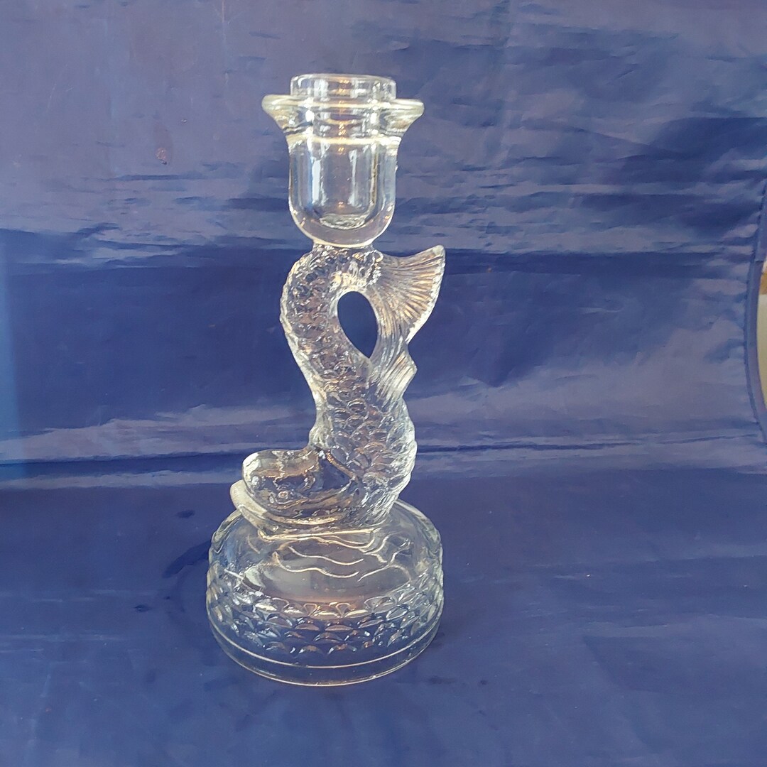 A Clear Glass 8.25" Tall Chinese Dogfish Candlestick Holder on a Round ...
