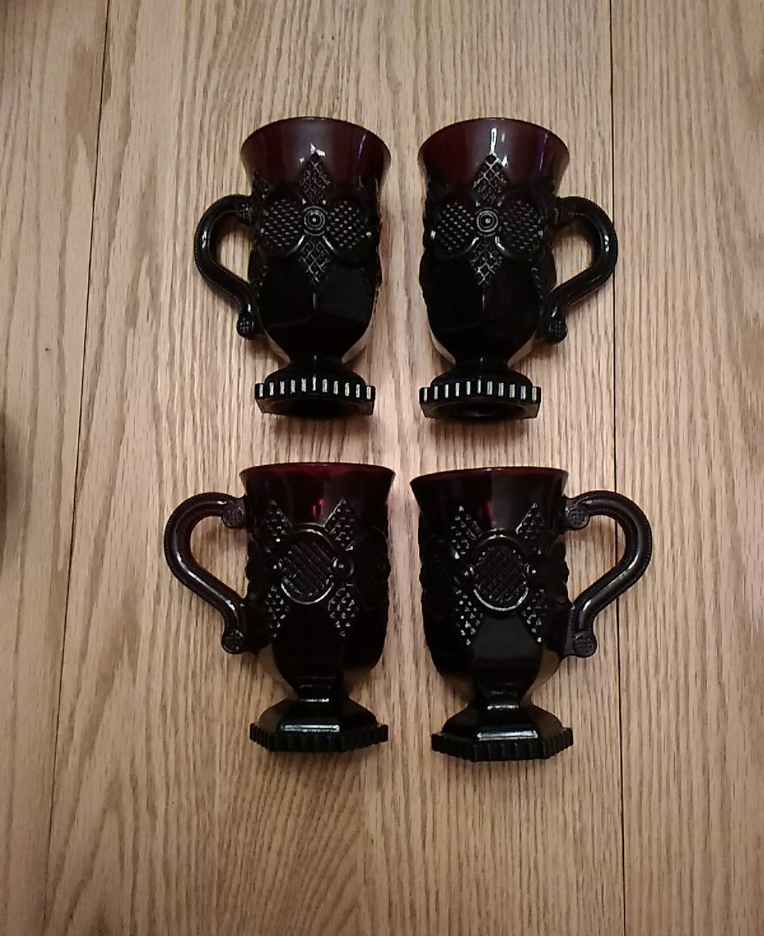 From the Avon Ruby Red Cape Cod Collection, a Set of 4 Pedestal Mugs ...
