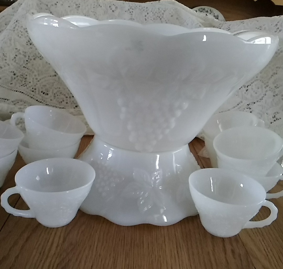 A 23 Pc. Anchor Hocking Milk Glass Punch Bowl Set Embossed Grapes That ...
