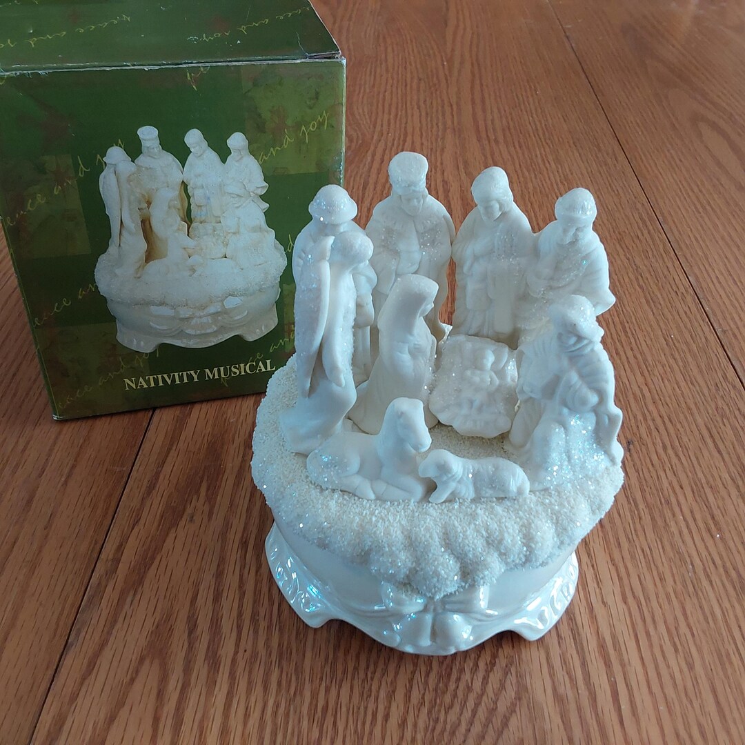 White Pearl Rotating 6" Tall Nativity Scene Music Box That Plays Silent ...