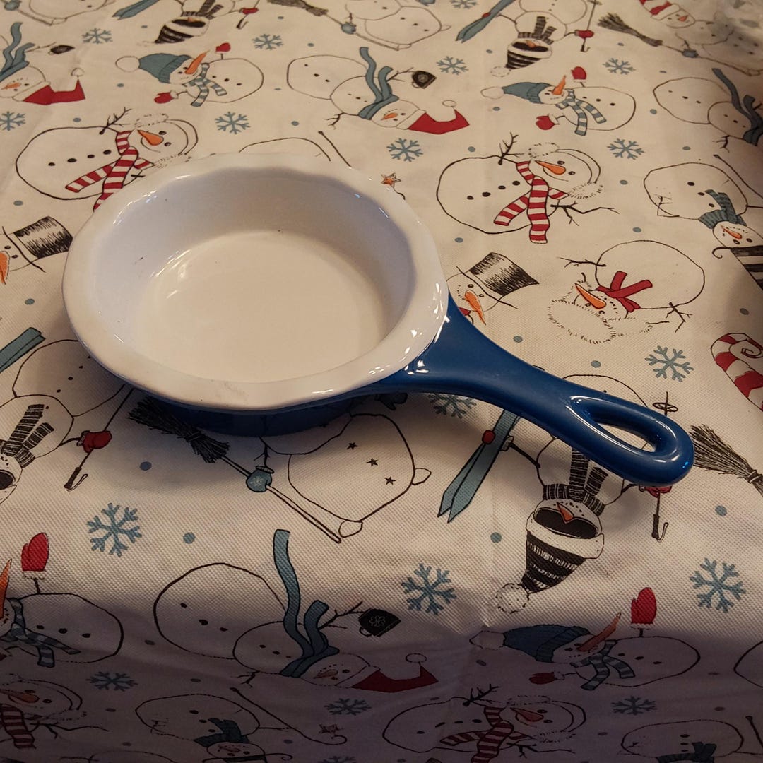 A Blue With White Interior Glazed Stoneware Mini Handled Skillet With ...