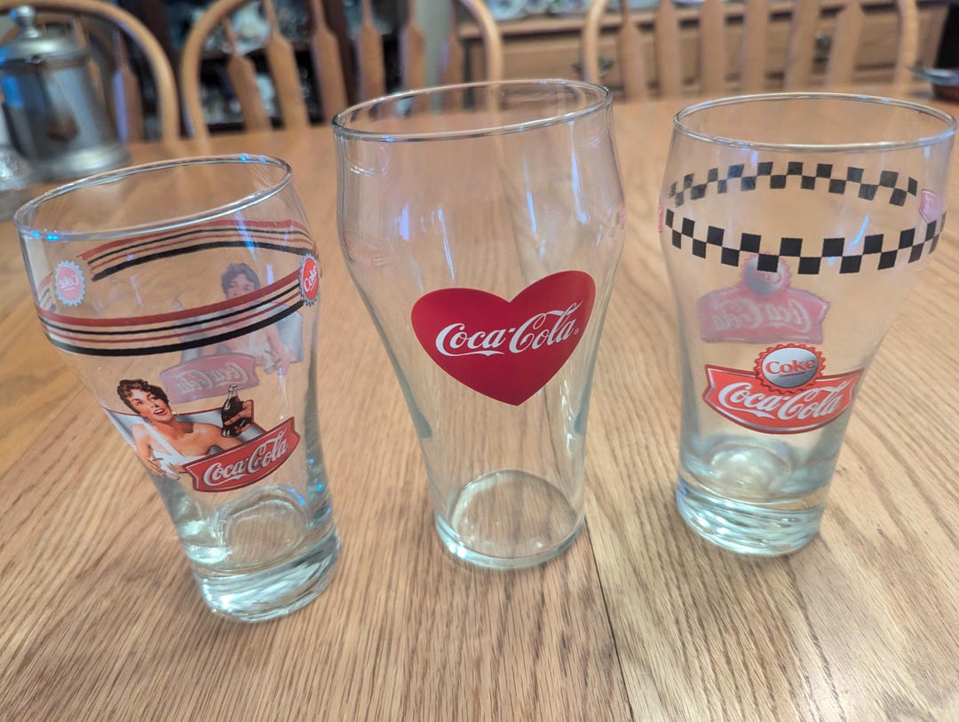 3 Different Coke Glasses 1st is a 12 Oz Lady in the White, 2nd 12 Oz ...