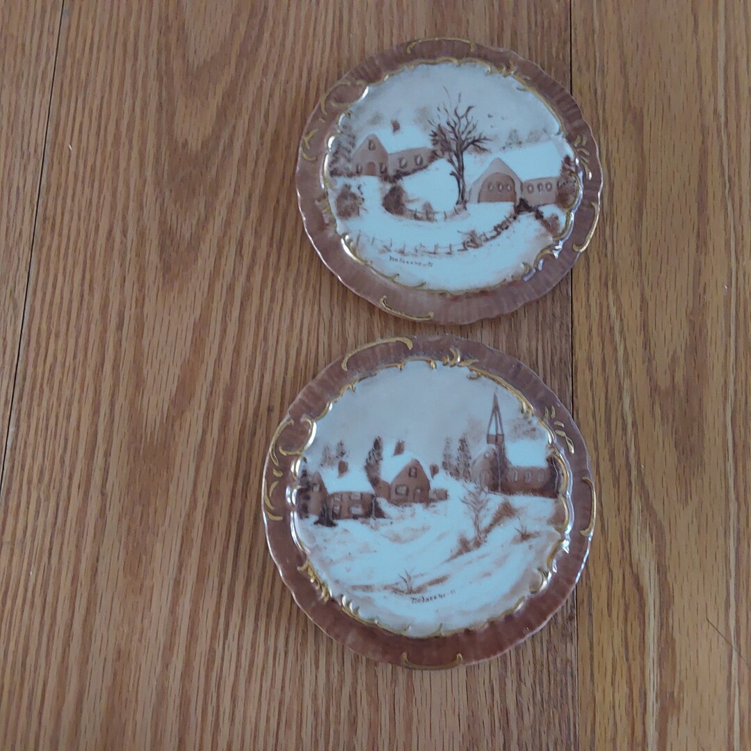A Pair Wall Hanging Hand Painted White Porcelain Country Winter Scene ...