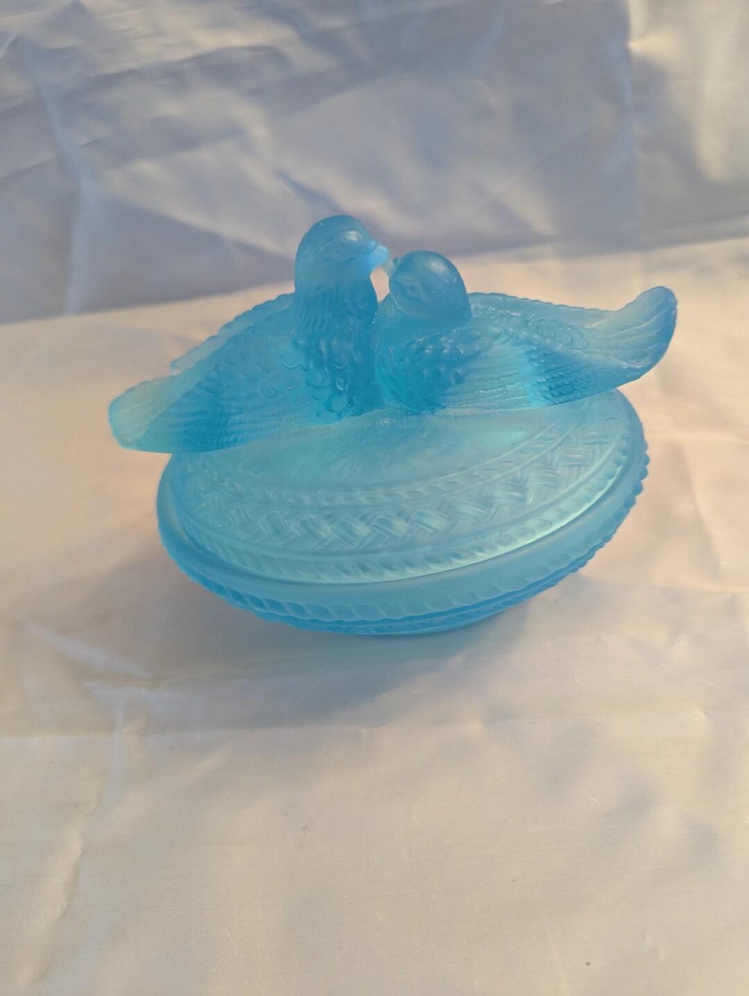 A Westmoreland Blue Satin Glass Candy Dish With a Lid Shaped With Two ...