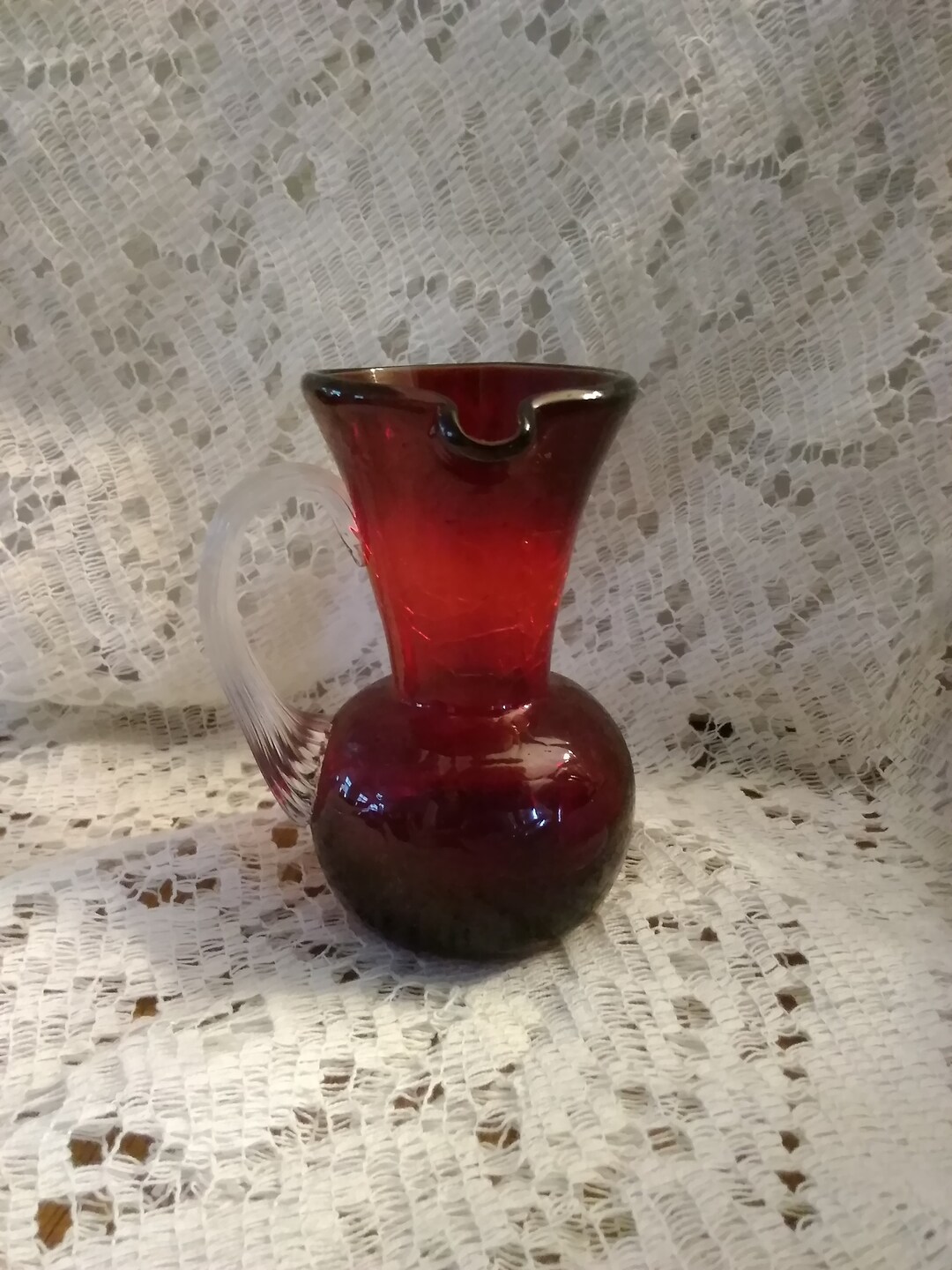 A Clear Ruby Red Crackled Hand Blown Glass Miniature Pitcher With an ...