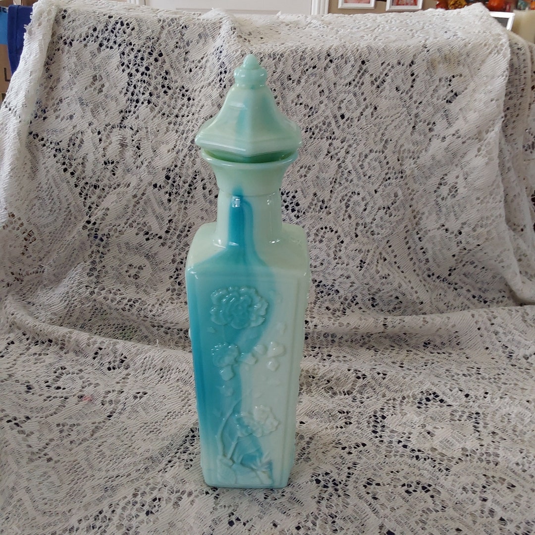 Square 1972 Royal Jade Slag Blueish Green Jim Beam Whiskey Bottle With ...