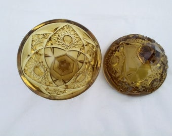 A Kemple Glass Amber Gold Pedestal Glass Lidded Compote With Hobstar ...