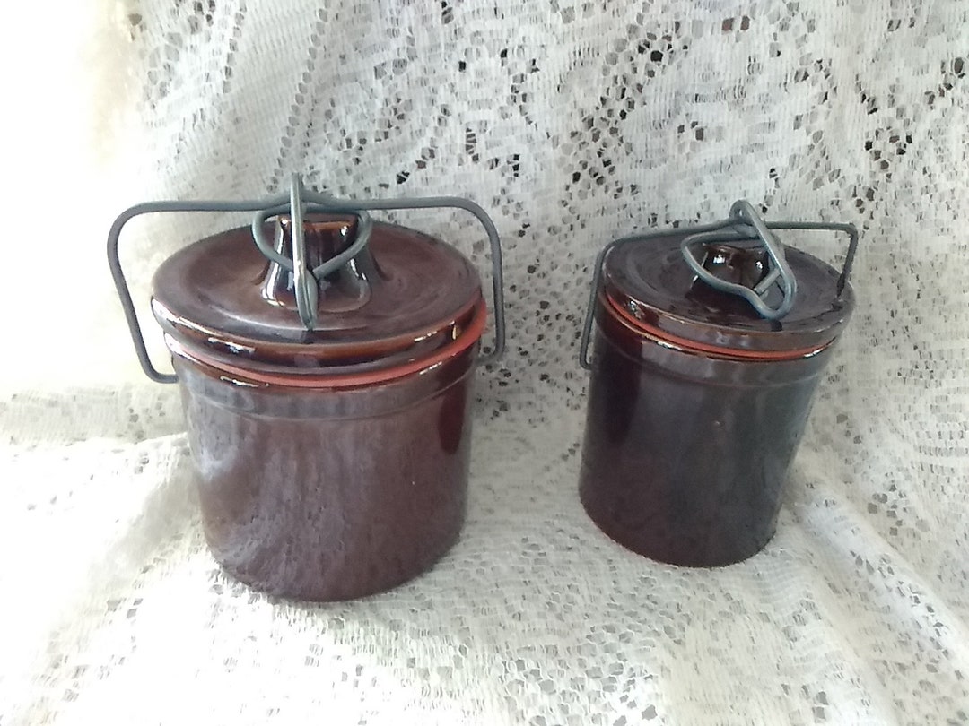 Set of Two Different Sized Brown Stoneware Storage Crocks With an ...