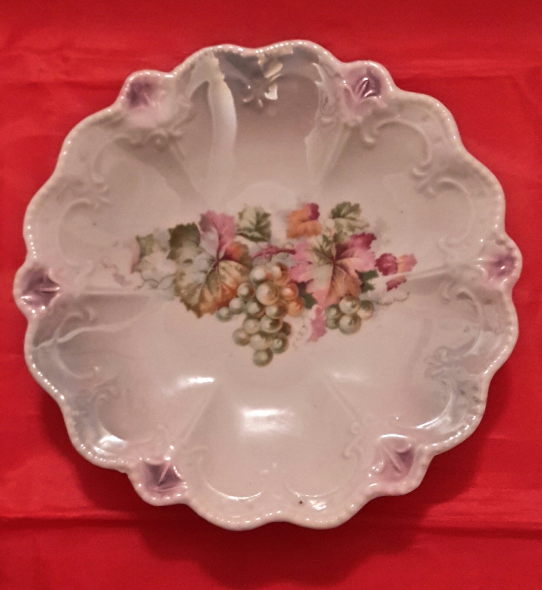 A Small 6" White Porcelain Lusterware Bowl With Grapes Clusters and ...