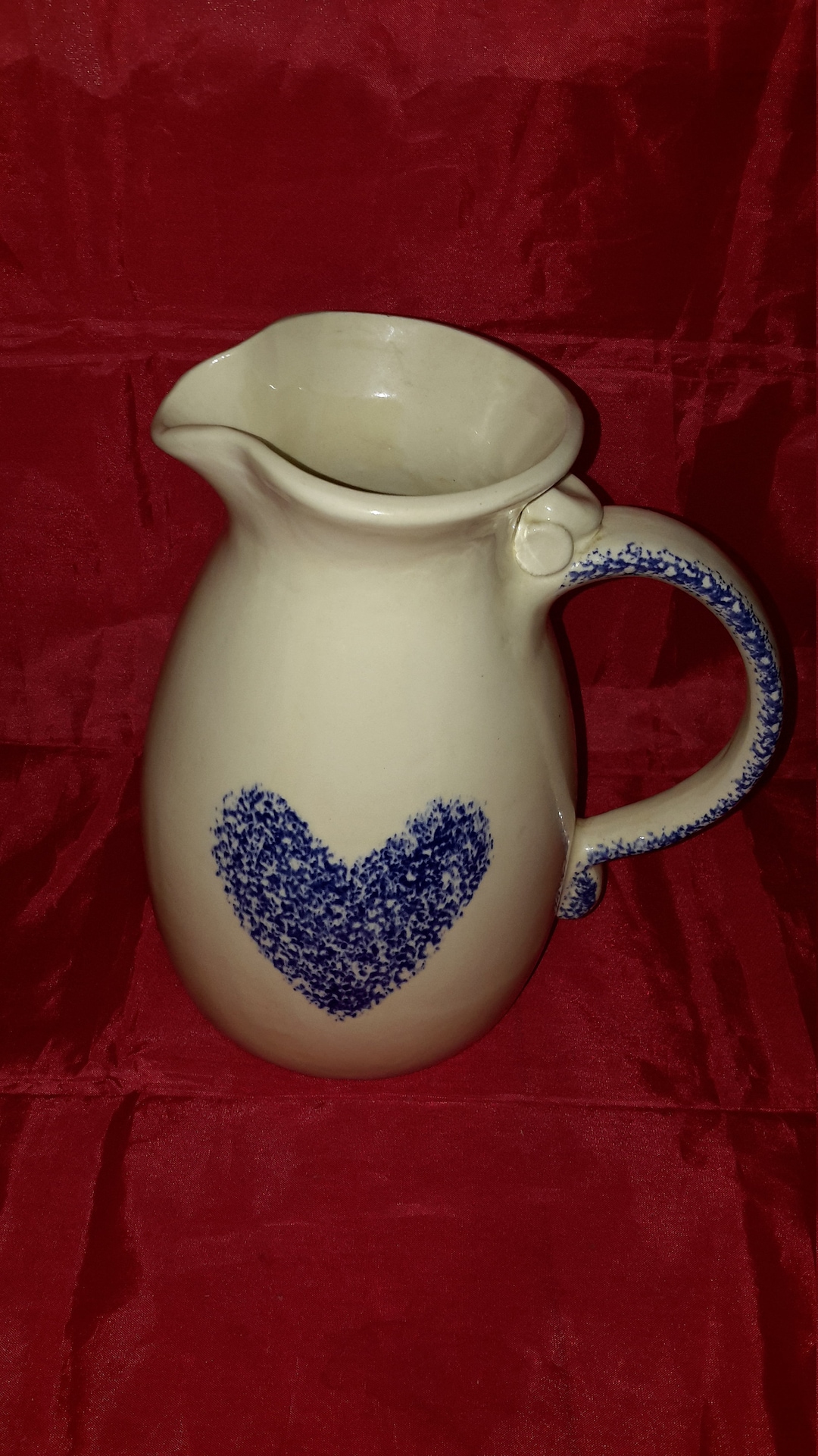 A White Flat Earth Pottery Pitcher With a Blue Sponge Painted Heart. SW ...