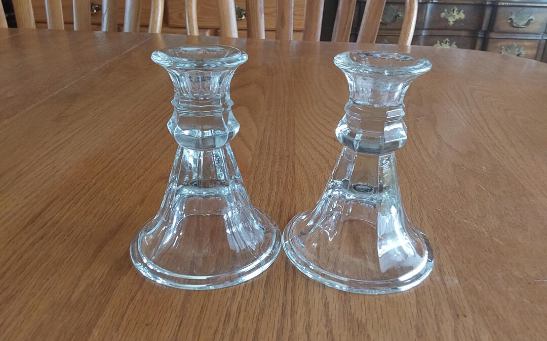 A Pair of Clear Glass Matching 4.75" Tall Candlestick Holders With a ...