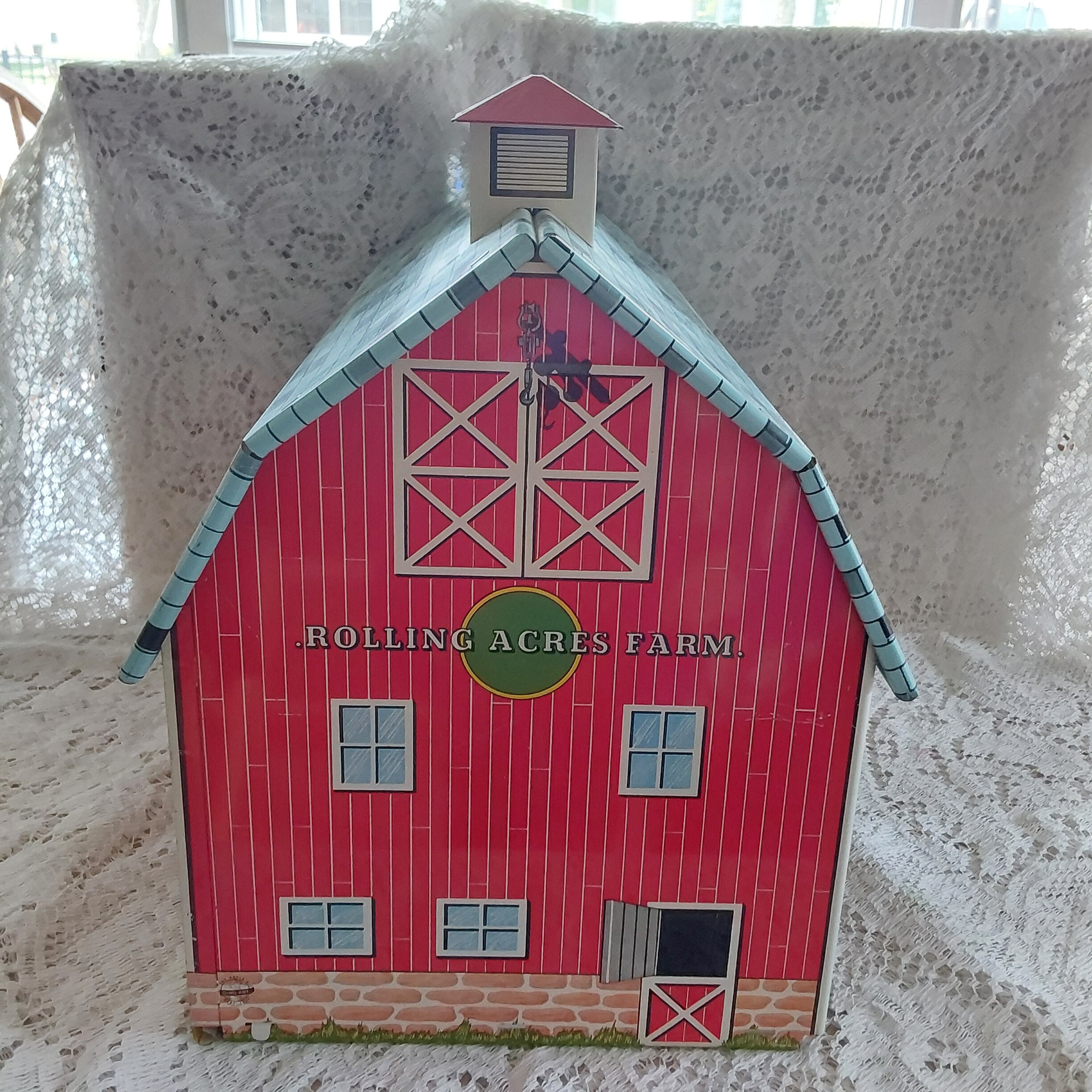 A 1950s Rolling Acres Farm in a Metal Tin Lithograph Complete Red Barn ...