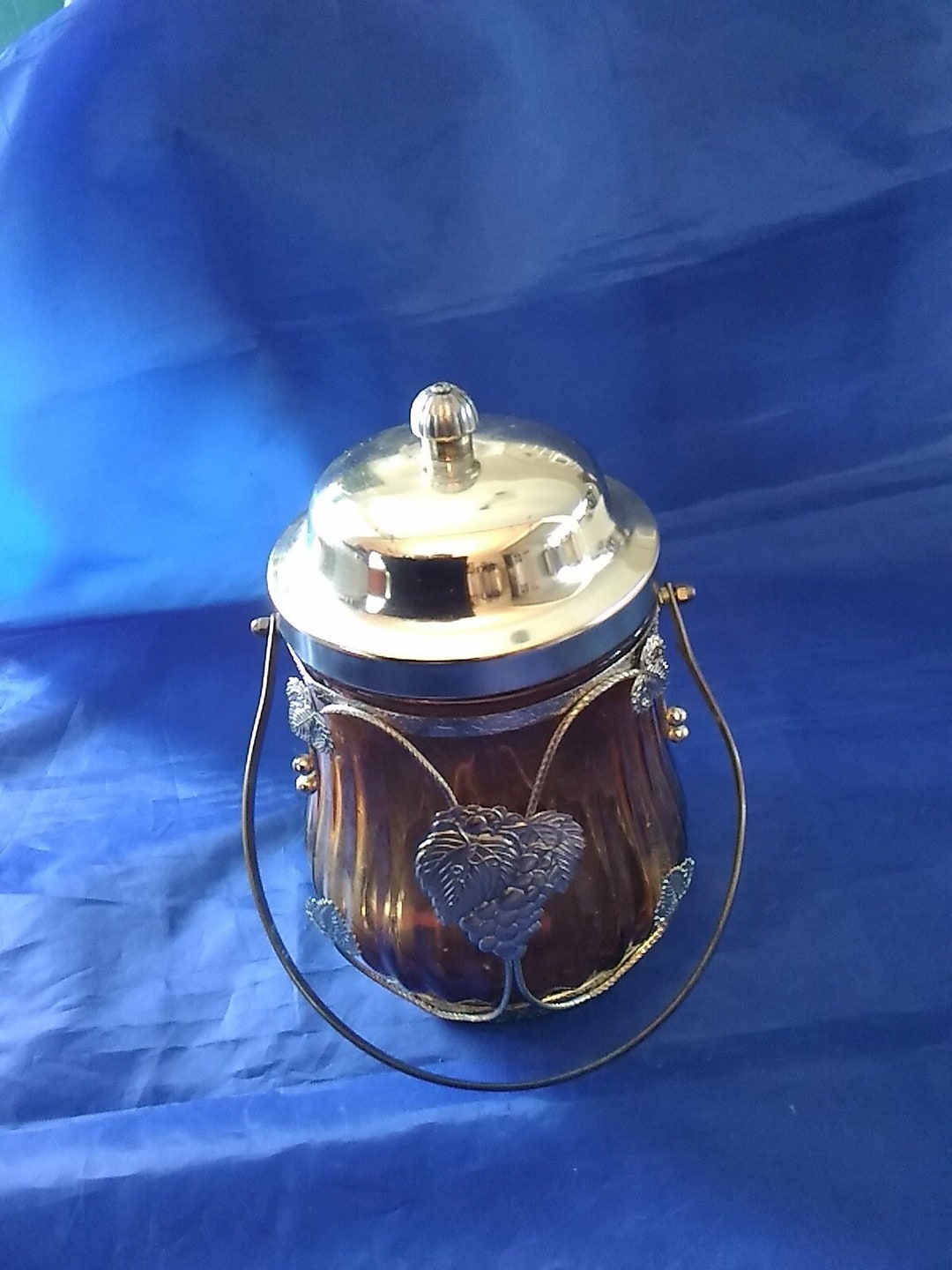 A Music Box in Lid and a Ribbed Amber Glass Candy Dish With Gold ...