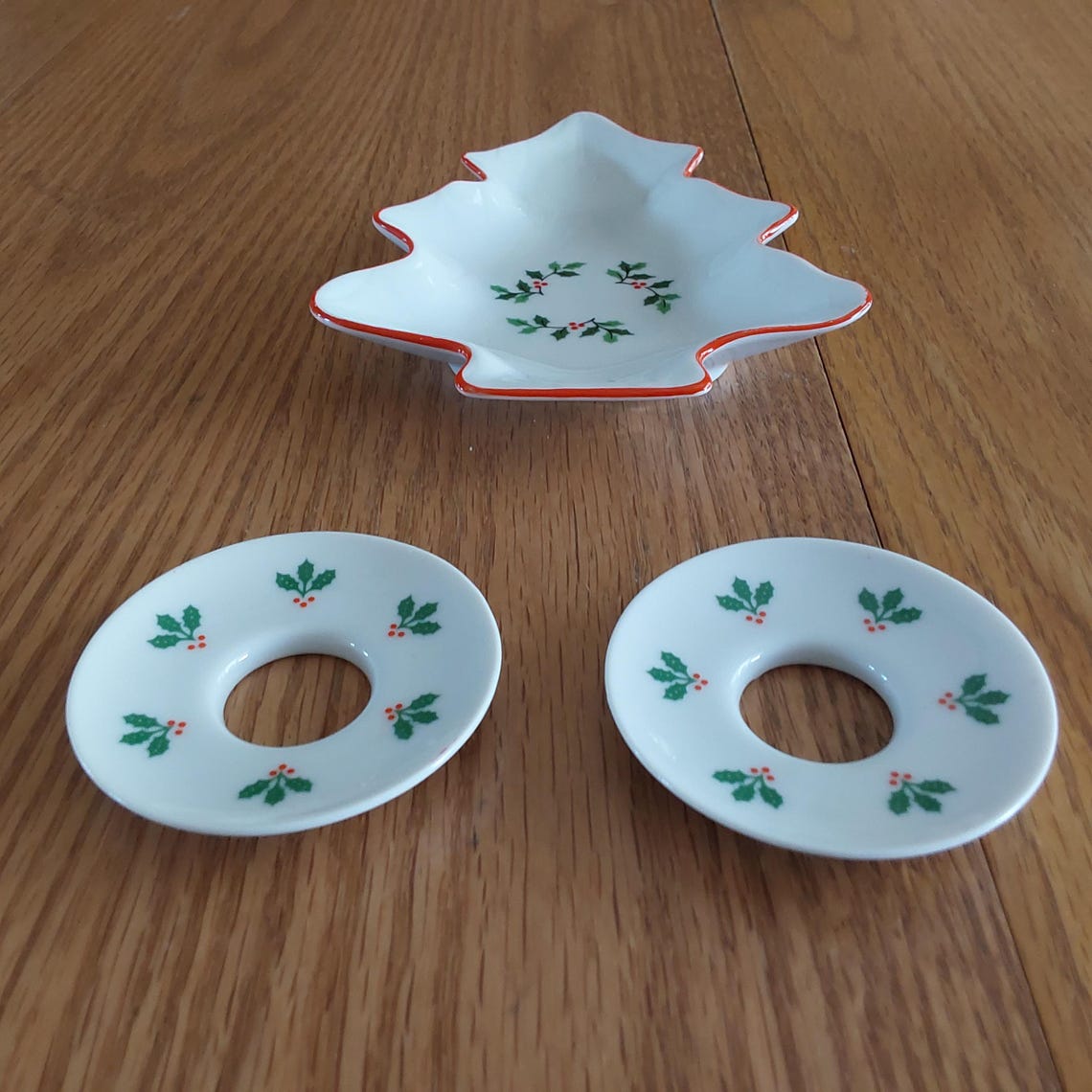 Trio of White Porcelain in a Christmas Tree Shaped Candy Dish Trimmed ...