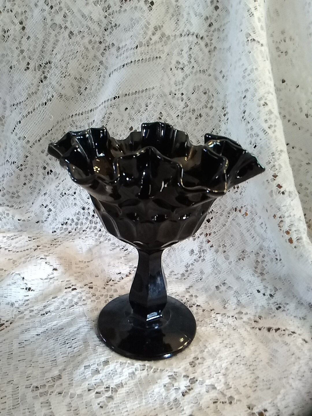 A Fenton Black Glossy Ebony Glass Stemmed Compote in the Thumbprint ...