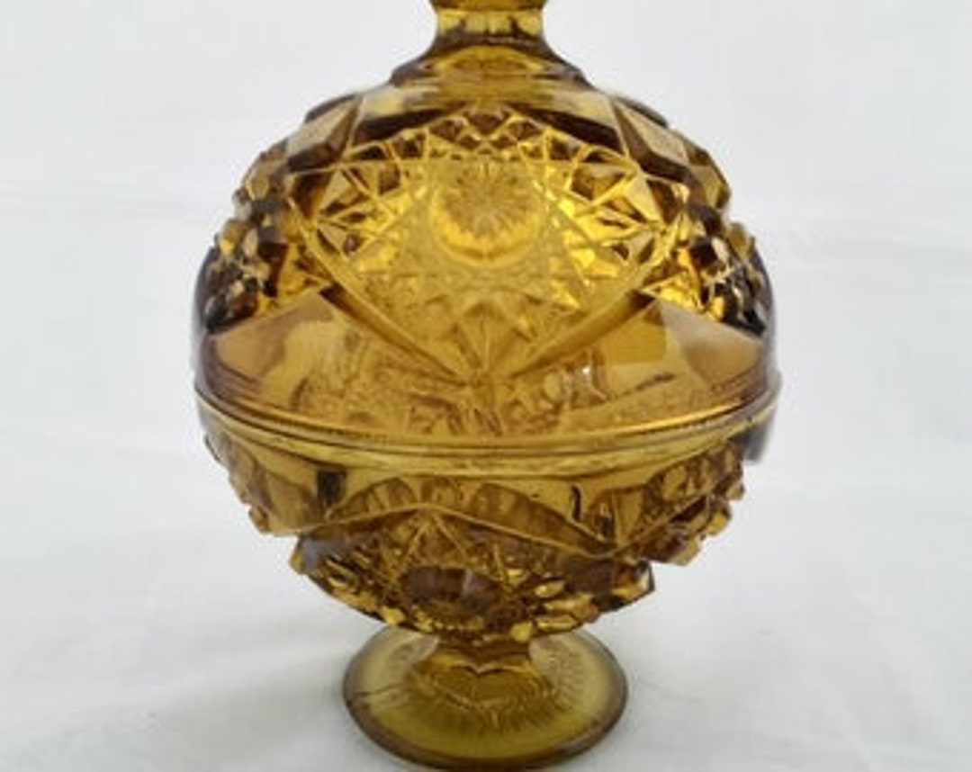 A Kemple Glass Amber Gold Pedestal Glass Lidded Compote With Hobstar ...