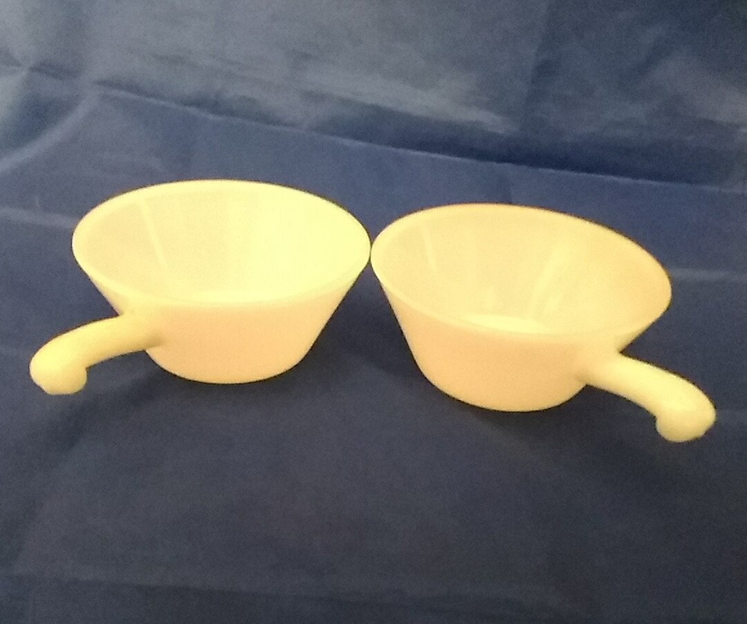 A Pair of 2 White Glass Anchor Hocking Fire King Ware Handles Soup ...