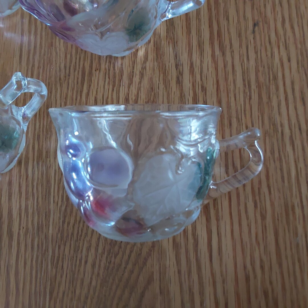 Set of 5-4 Oz Glass Punch Cup With Large Embossed Pink and Purple ...