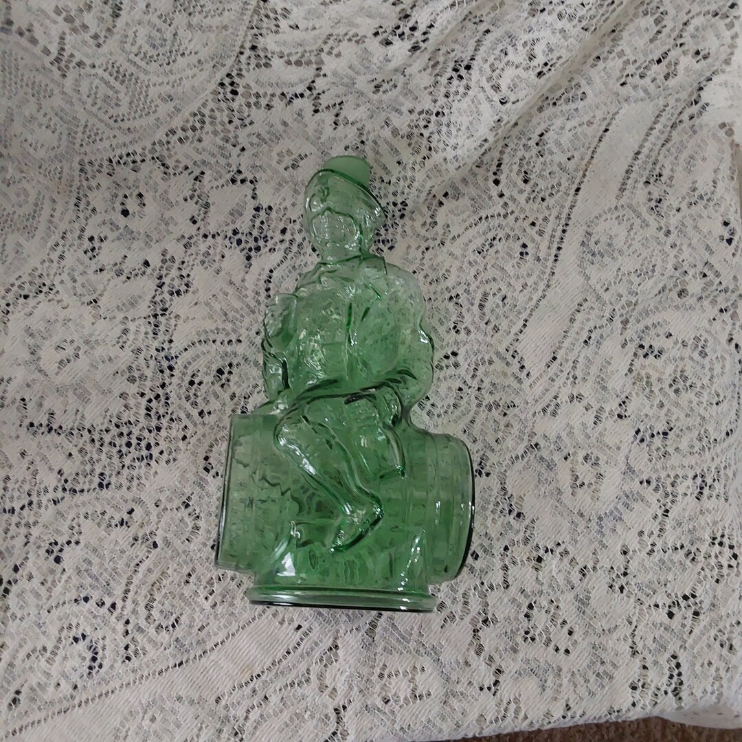 Green Transparent Glass Decanter of a Rodeo Clown on a Barrel ...