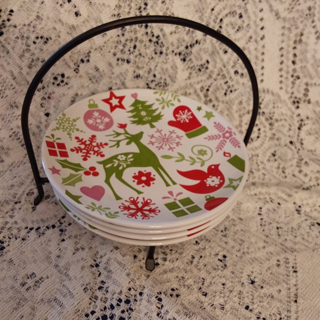 Four Matching Signature Christmas Scandia Appetizer 7" White Plates ...