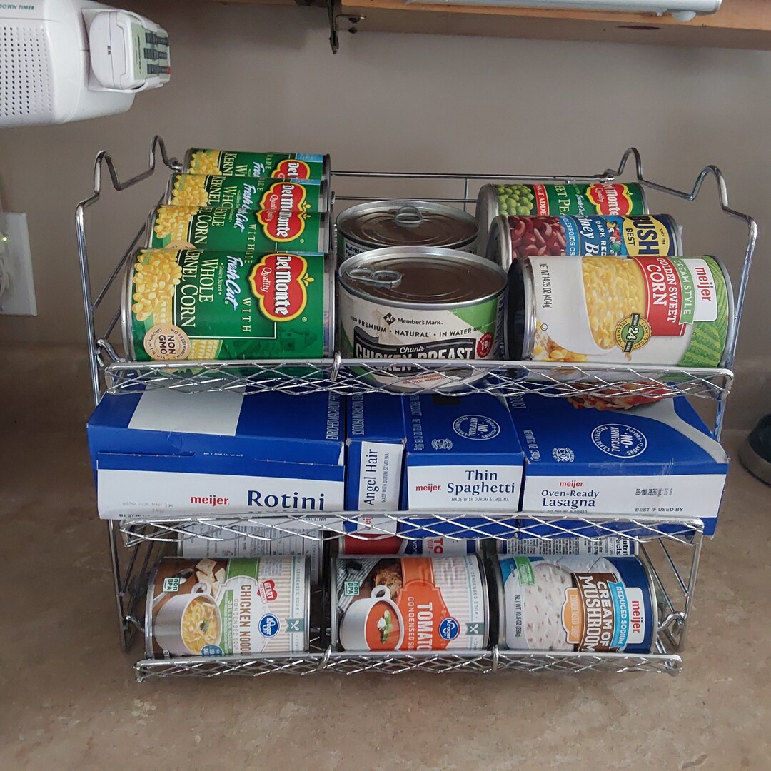 A Silver Chrome Metal 3 Tiered Shelf Stackable Can Organizer for up to ...